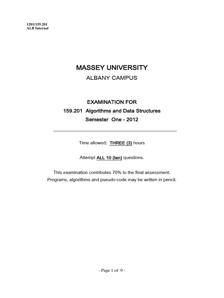 159.201 Algorithms and Data Structures - Massey - Exam - I10 - 1201 ...