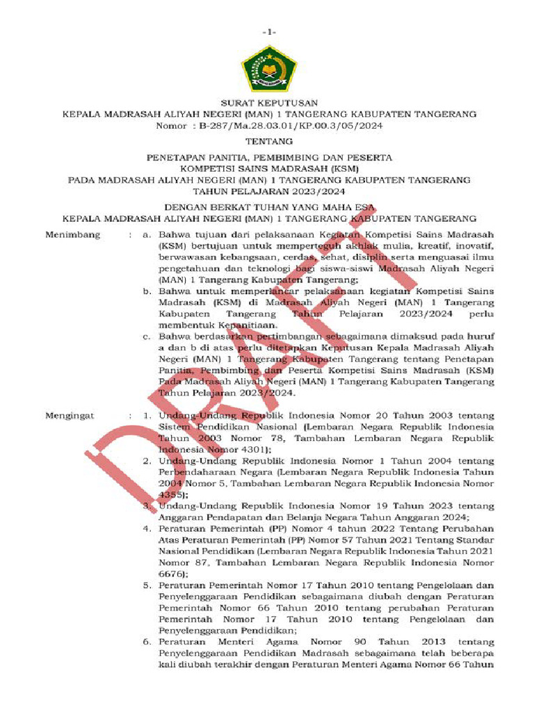 Draft - SK Panitia KSM Madrasah 2024 (Tp. 2023-2024) | PDF