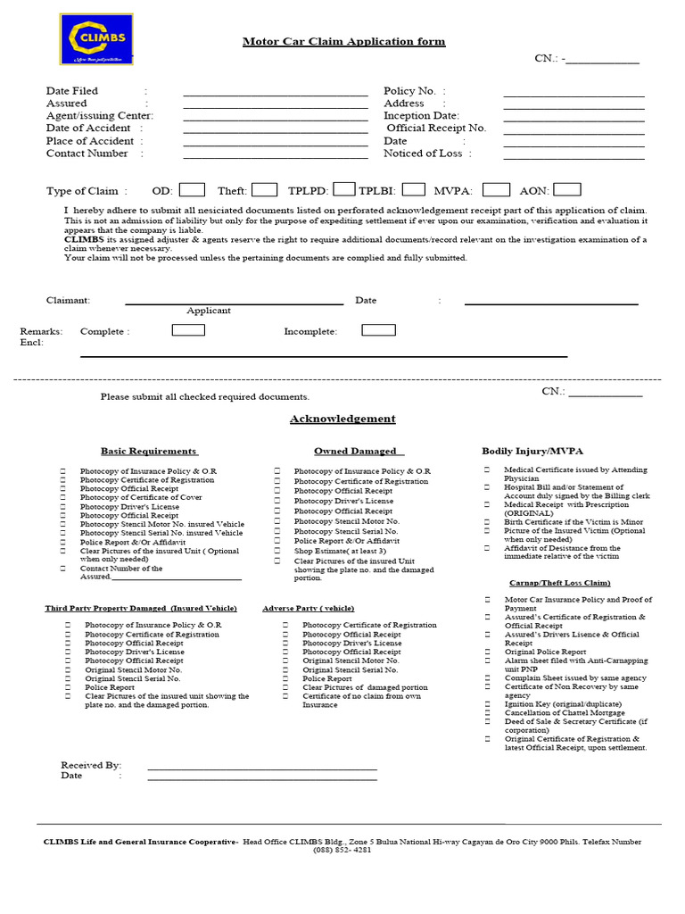 CLIMBS - Motor Car - Claim Application Form | PDF | Vehicle Insurance ...
