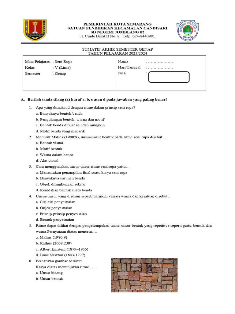 SAS 1 Seni Rupa Kelas 5 2024 | PDF