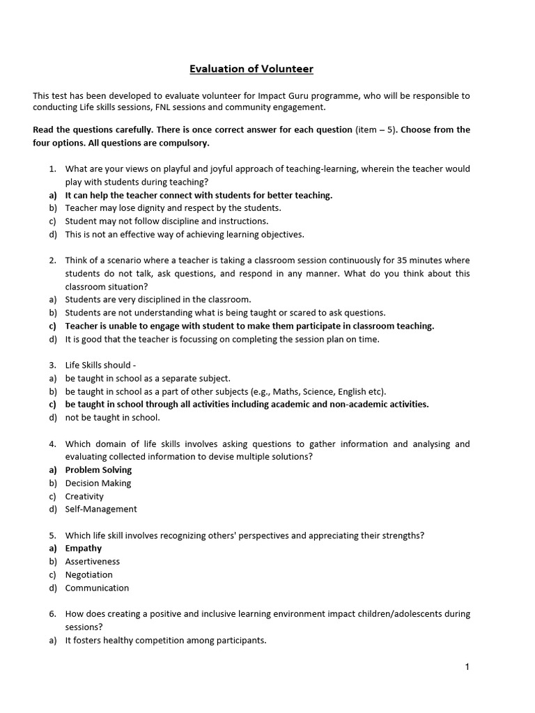 Evaluation of Volunteer - Key Answer | PDF | Teachers | Communication