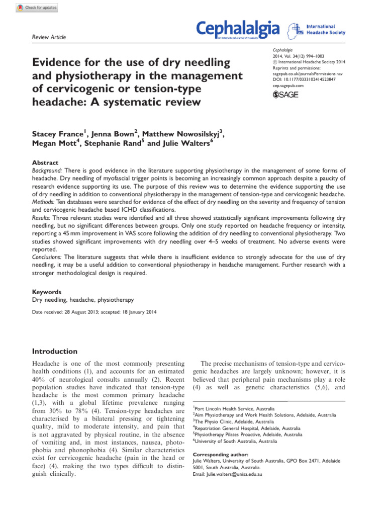 France Et Al 2014 Evidence For The Use of Dry Needling and Physiotherapy in The Management of ...