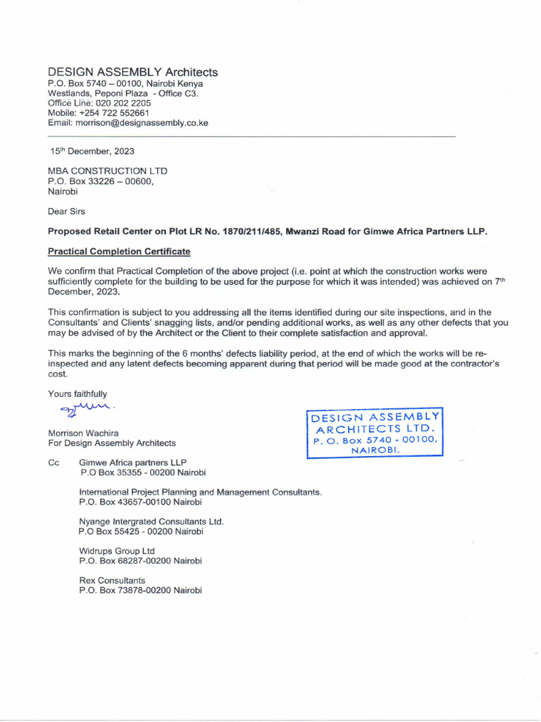 Mwanzi Practical Completion Certificate | PDF