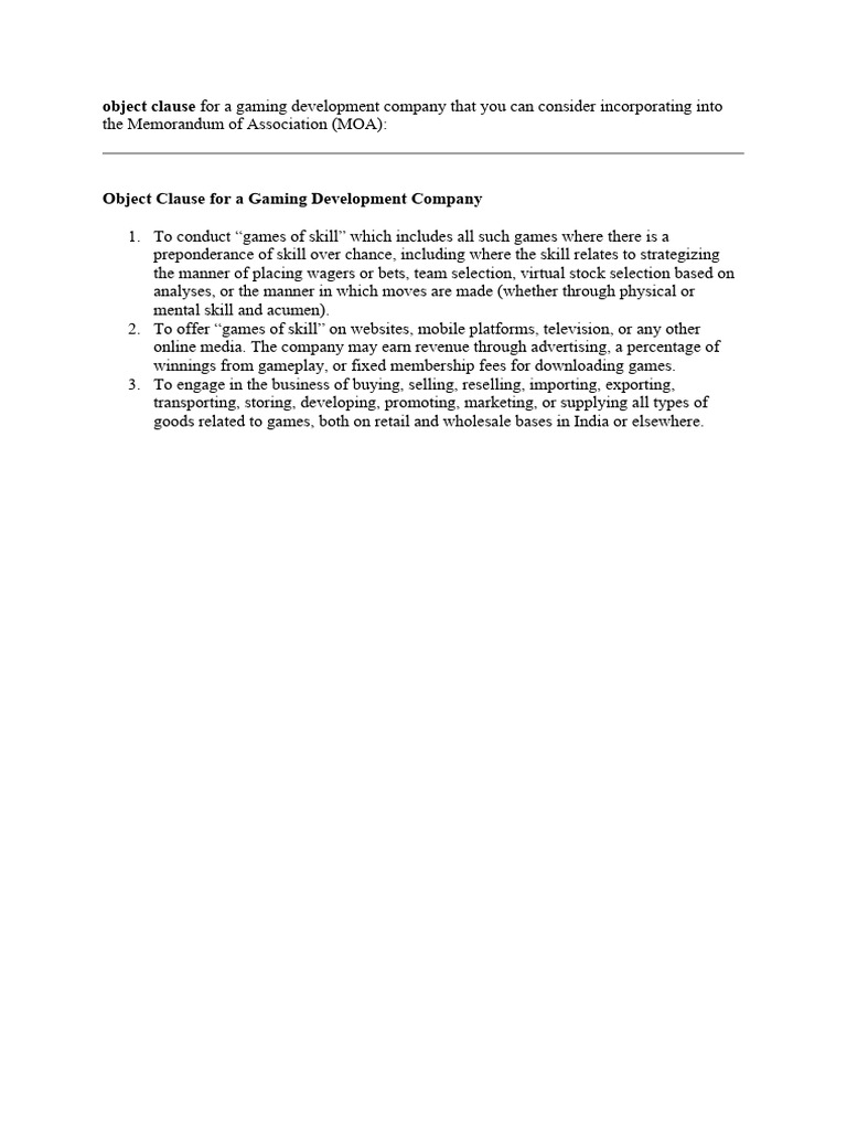 Object Clause for Gaming Company MOA | PDF | Business | Finance & Money ...