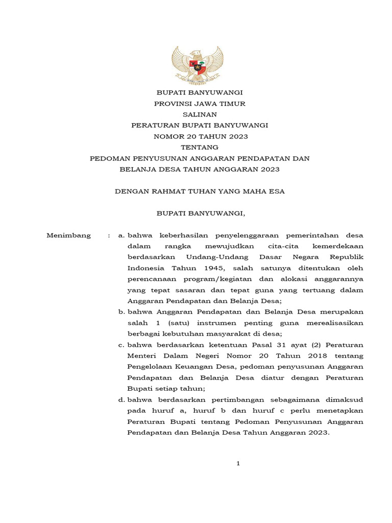 PERBUP NO 20 TAHUN 2023 Tentang Pedoman Penyusunan APBDEsa Banyuwangi | PDF | Pengelolaan ...