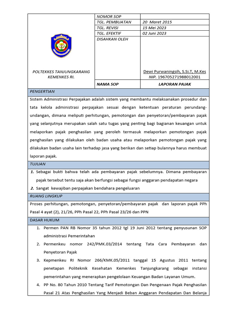 SOP Laporan Pajak Final Revisi | PDF