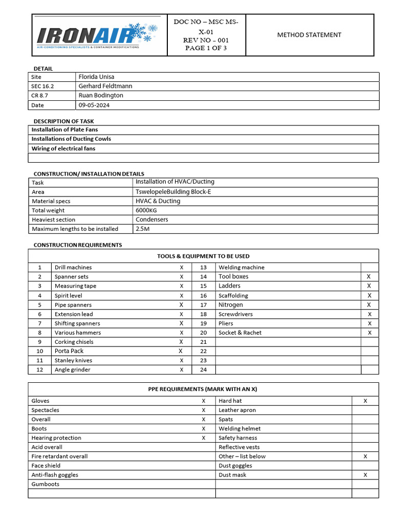 Method Statement 1.2 | PDF | Duct (Flow) | Equipment