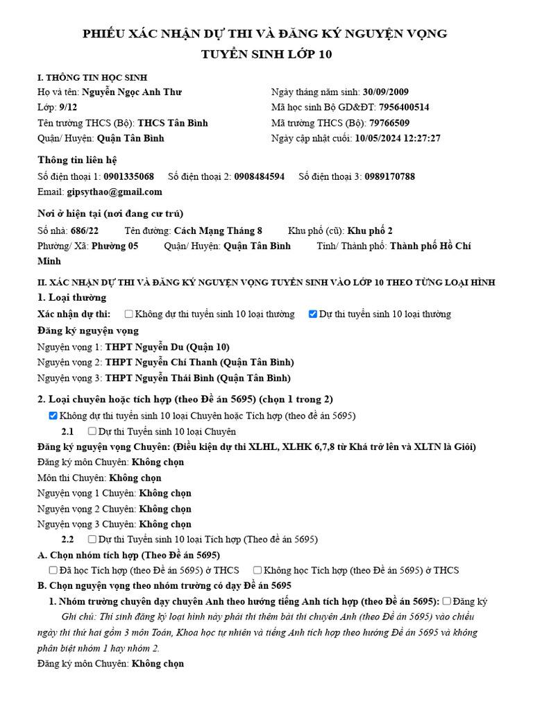 Phieu Dang Ky NguyenNgocAnhThu-1 | PDF