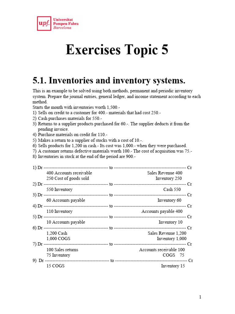 Example Exercises Topic 5 Inventories | PDF | Cost Of Goods Sold ...