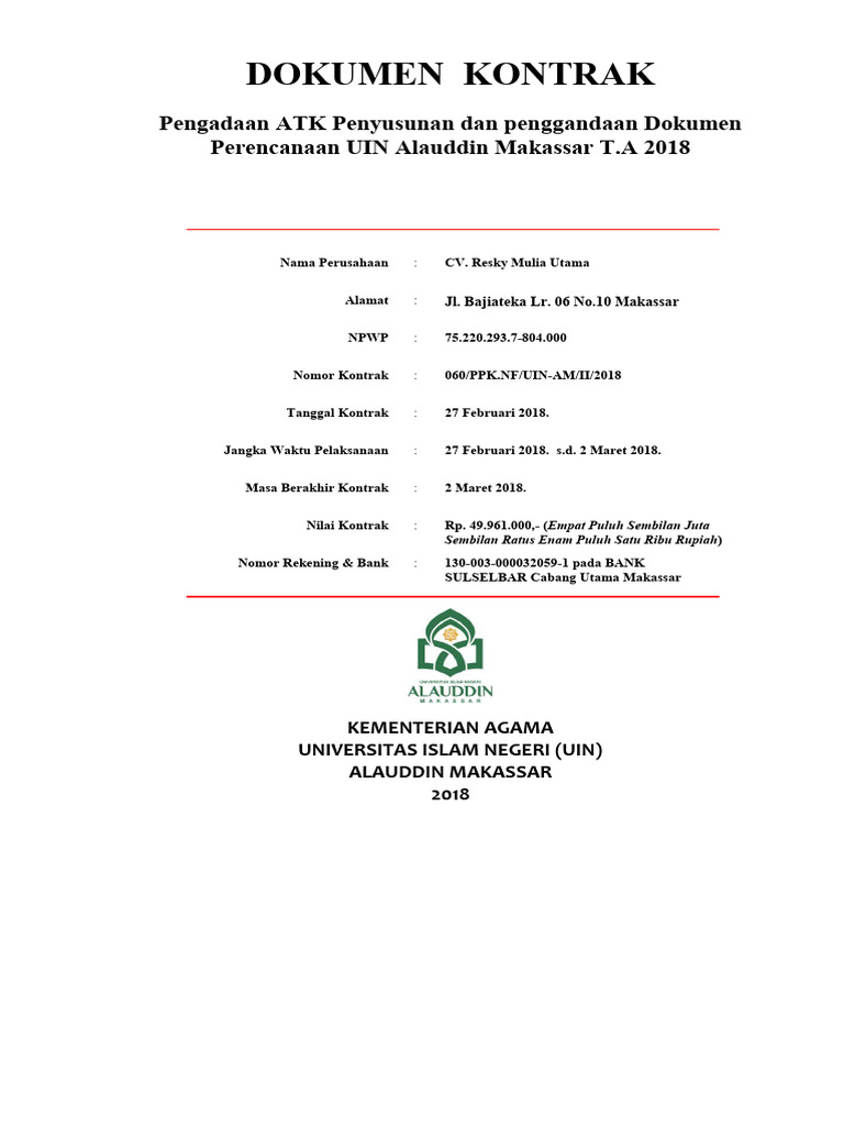 DOKUMEN KONTRAK ATK Perencanaan REzky Mulya Utama | PDF