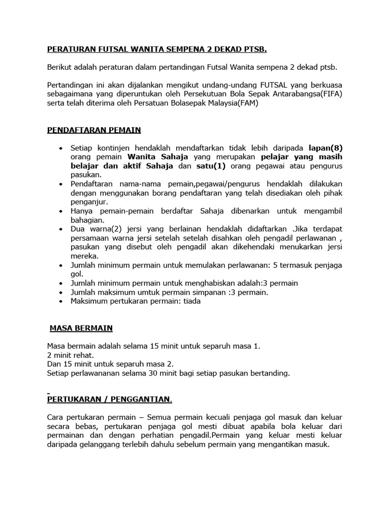 Peraturan Futsal Wanita Sempena 2 Dekad PTSB | PDF | Olahraga & Rekreasi