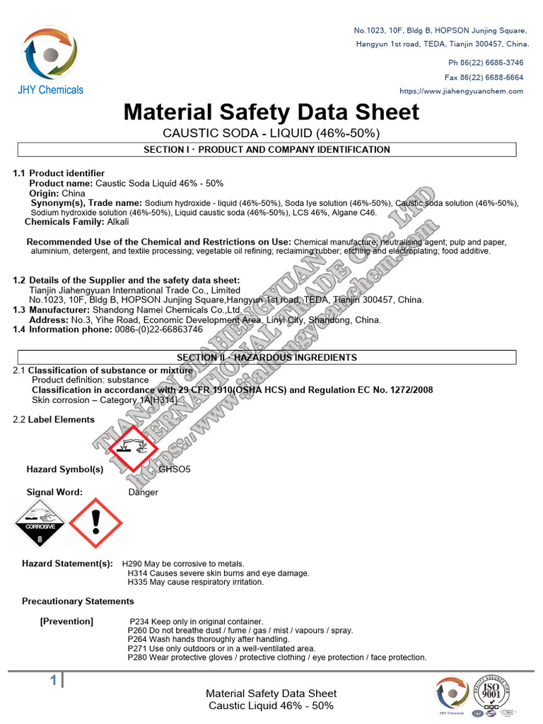 MSDS Caustic Soda Liquid Jhy Chemicals - 202212-01 | PDF | Dangerous ...