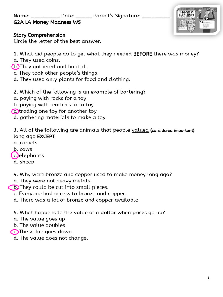 Money Madness - Answer Key | PDF