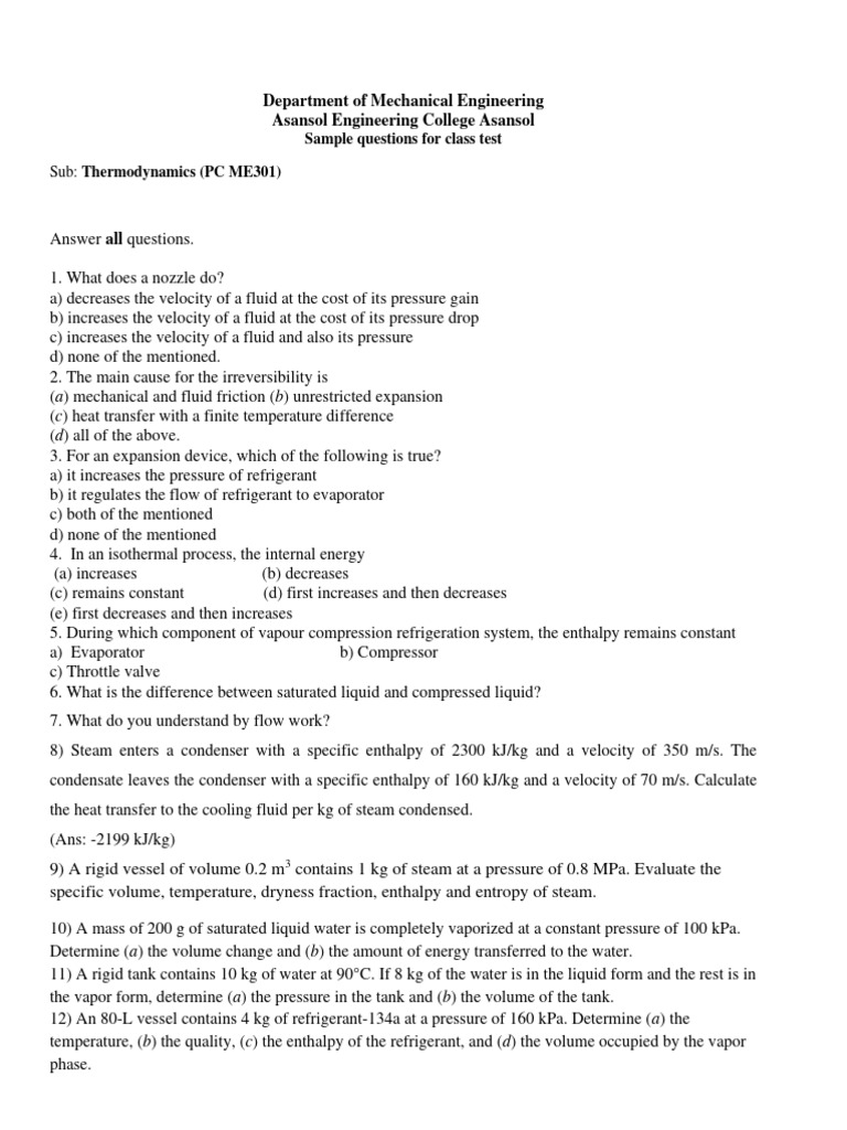 Thermodynamics - Sample Questions For Class Test | PDF | Enthalpy | Heat