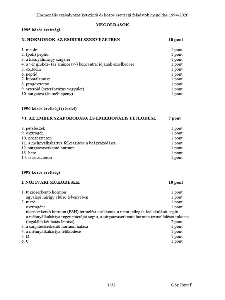 Hormonok Ketszintu Es Kozos Erettsegi Feladatok 1994 2020 Megoldasok | PDF