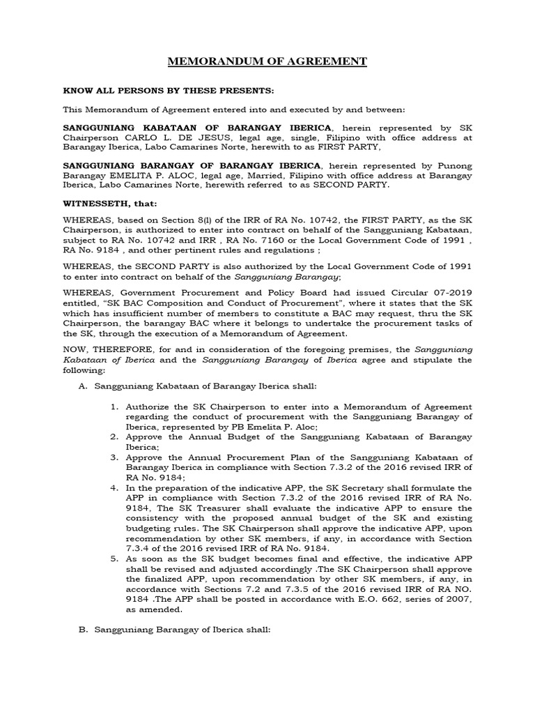 SK Bac Memorandum of Agreement | PDF | Government | Justice