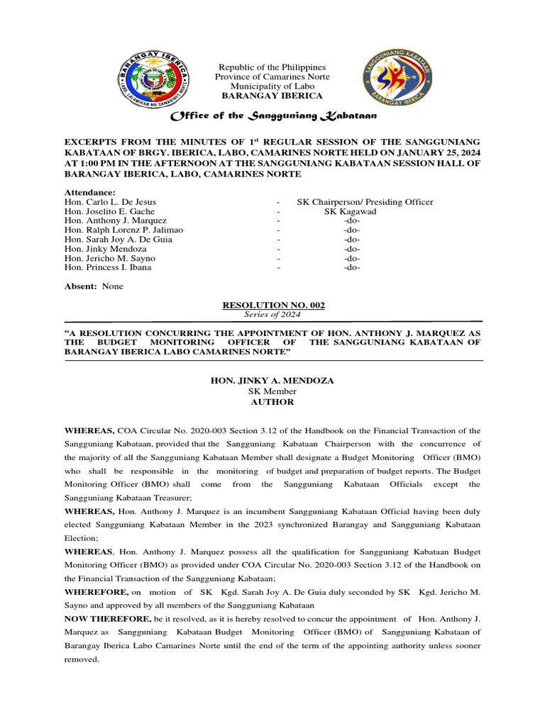 Resolution 002-2024 Appointment of BMO | PDF | Government | Youth ...