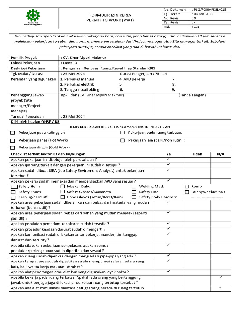 Form Izin Kerja (Safety Permit) - Renovasi Lantai 3 | PDF