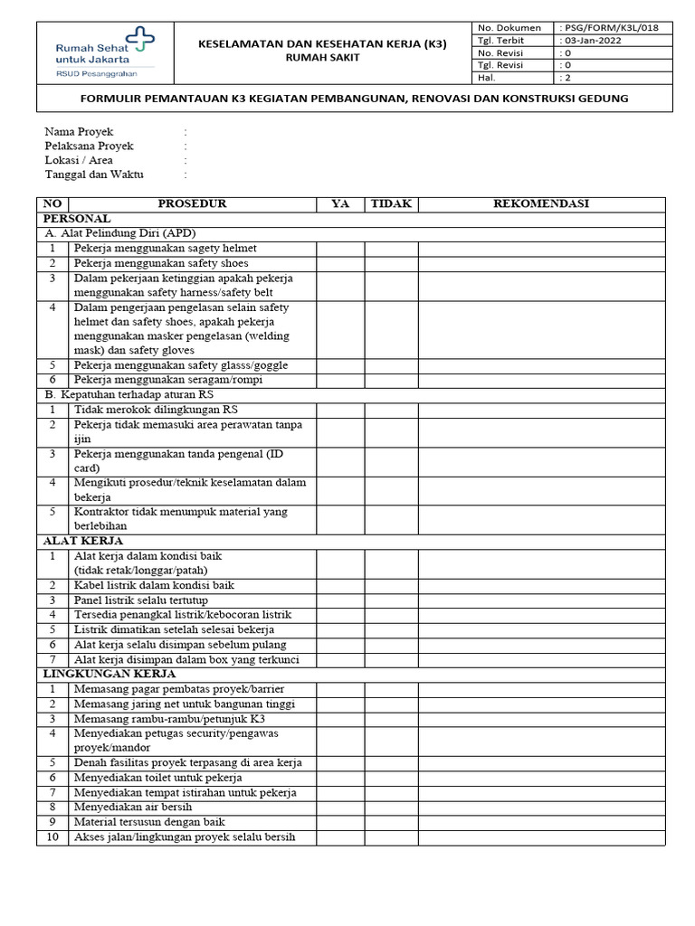 Form Pemantauan K3 Konstruksi_Renovasi lantai 3 | PDF