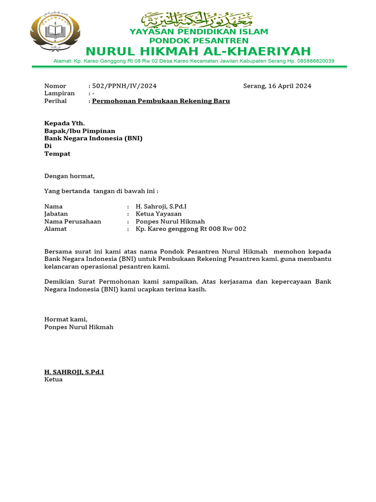 Surat Permohonan Pembukaan Rekening Baru | PDF