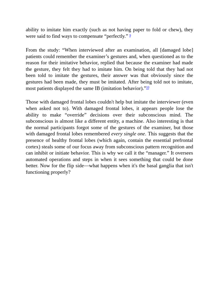 Frontal Lobe Damage and Imitation | PDF
