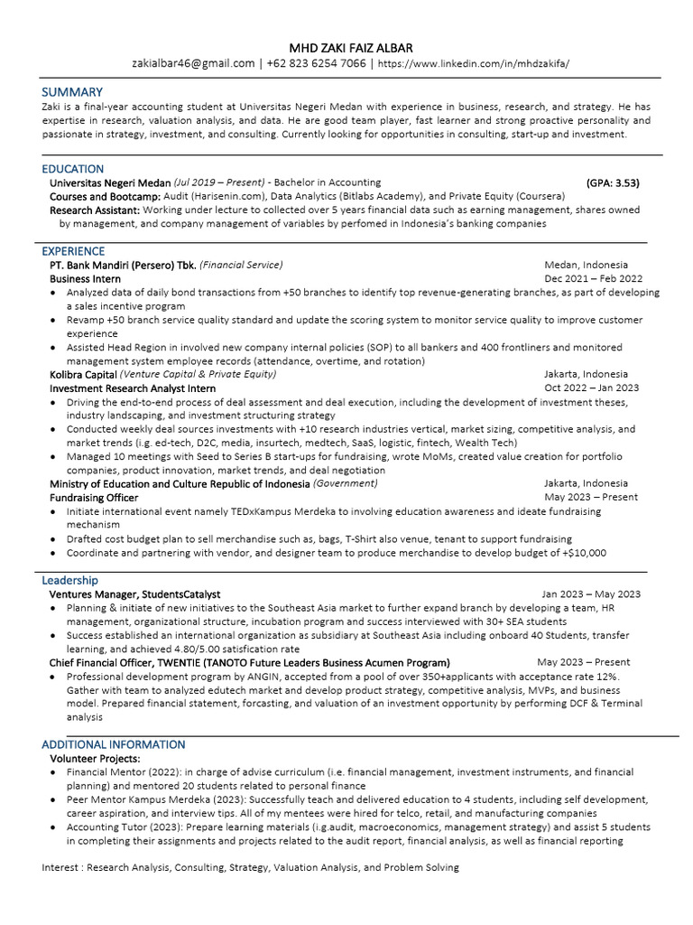 CV - MHD Zaki Faiz Albar | PDF | Investing | Valuation (Finance)