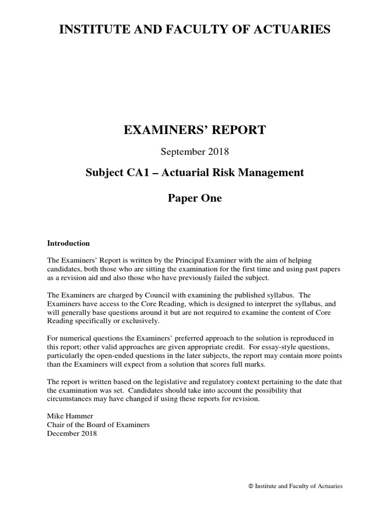 CA1 Actuarial Risk Management Exam Report | PDF | Insurance | Risk