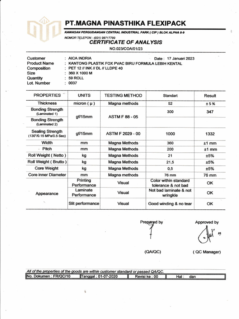 Certificate of Analysis: Plastic Packaging | PDF | Lamination | Materials