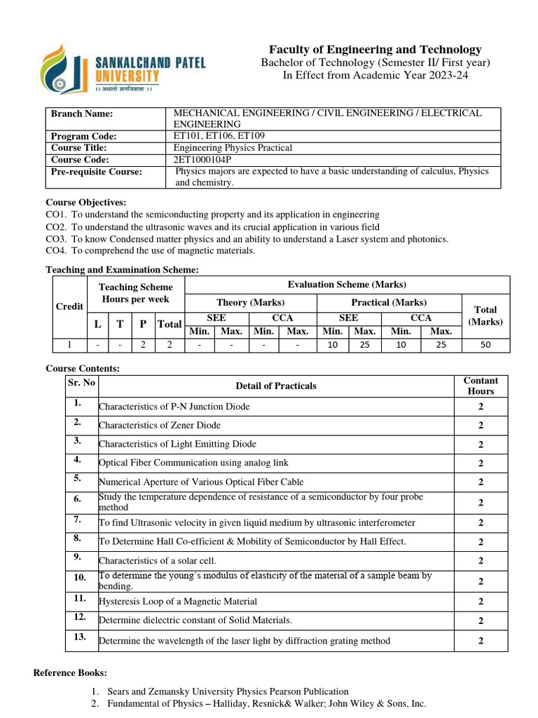 2ET1000104P Engineering Physics Practical | PDF | Physics | Semiconductors