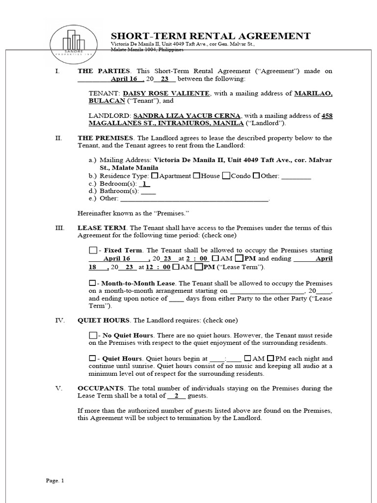 Short Term Vacation Lease Agreement | PDF | Leasehold Estate | Lease