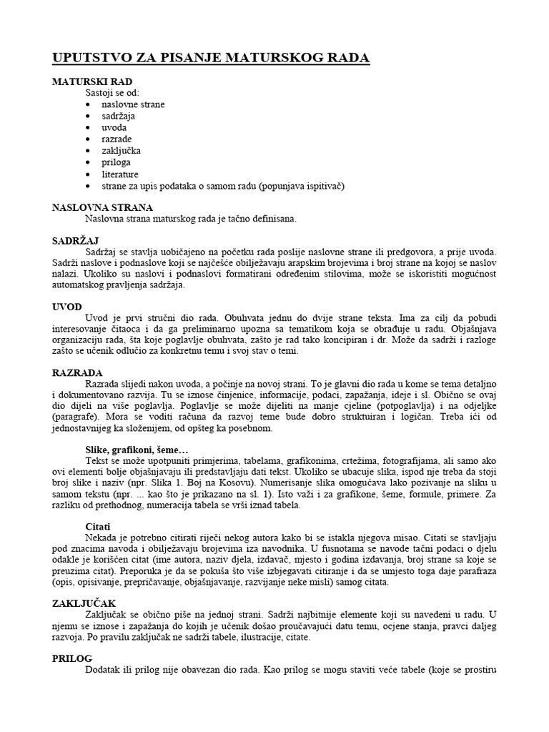 Upustvo Za Izradu Maturskog Rada | PDF