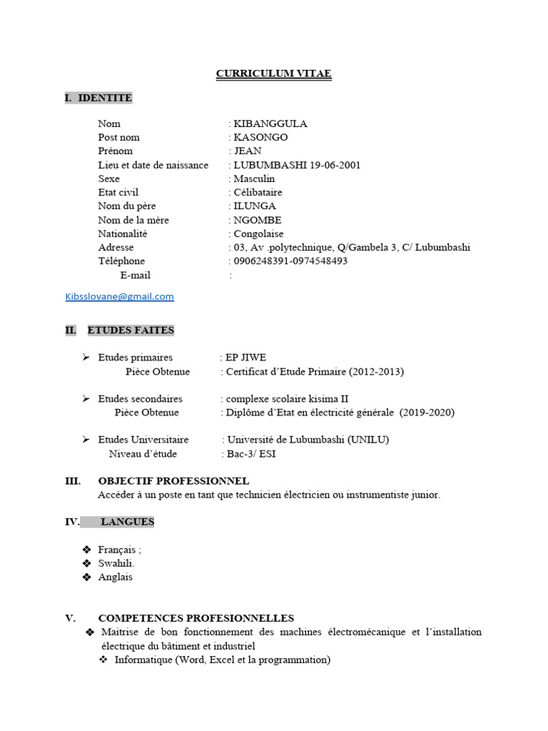 CV de Jean Kasongo - Électricien Junior | PDF