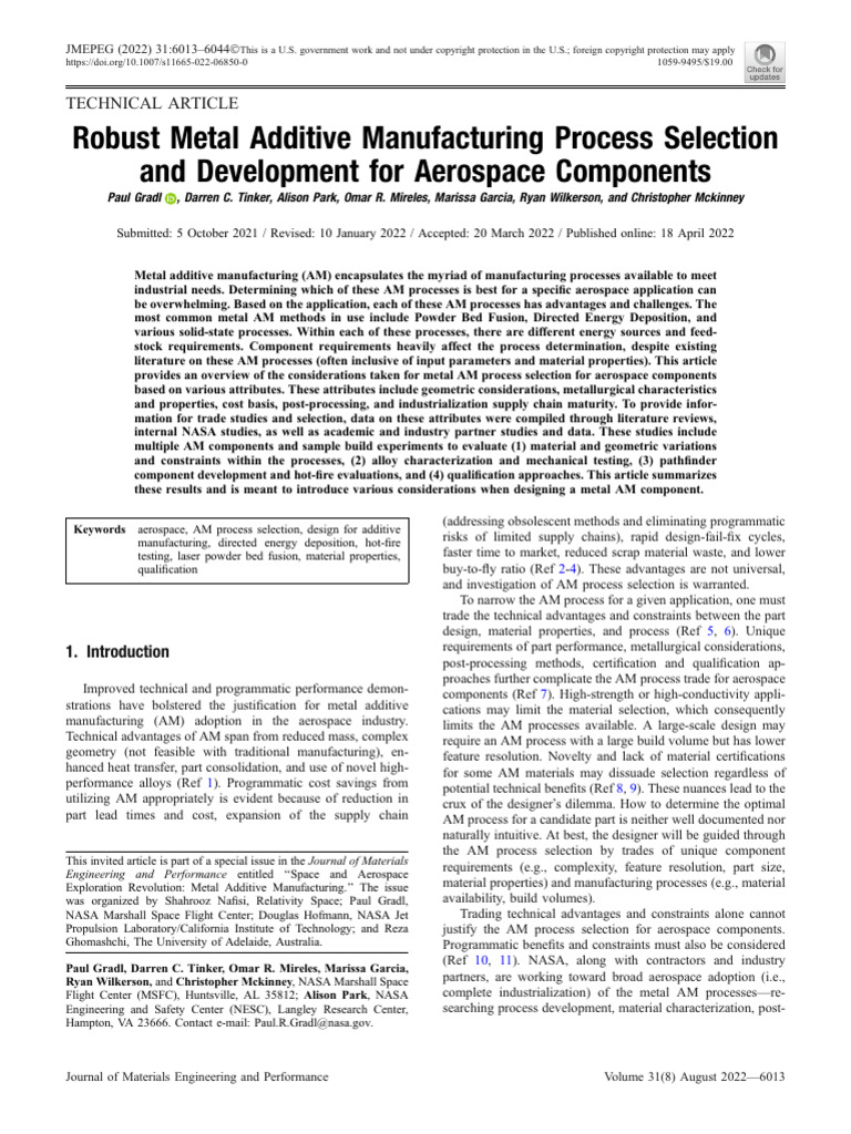 Robust Metal Additive Manufacturing Process Selection and Development For Aerospace Components ...