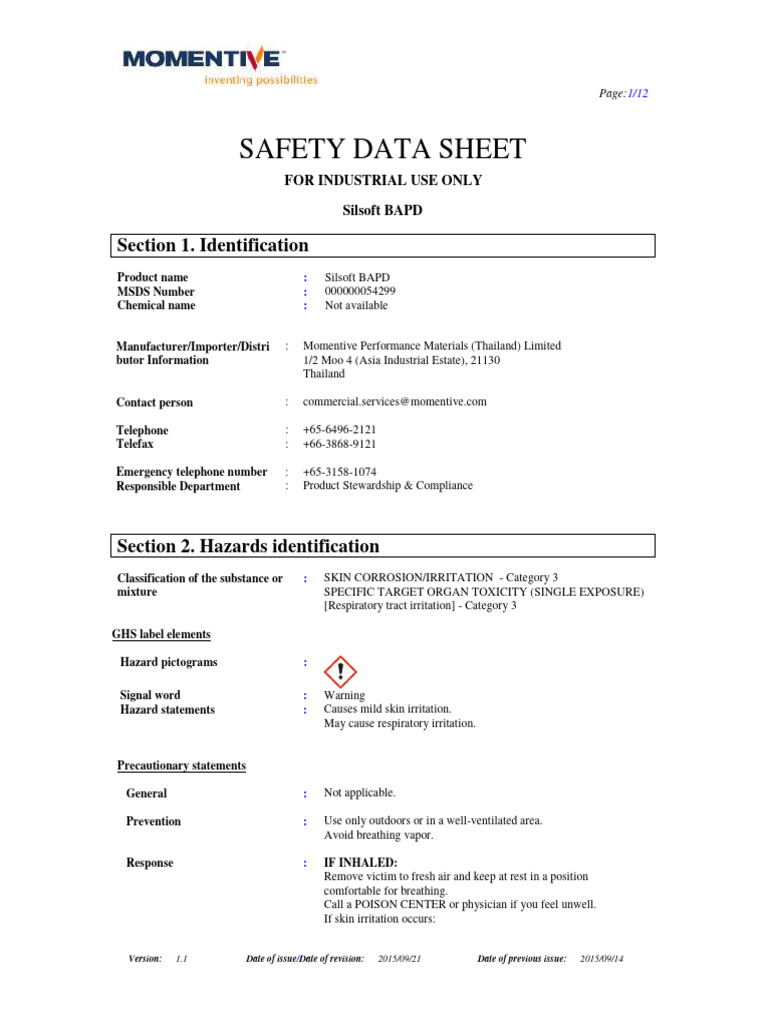 SDS - Silsoft BAPD | PDF | Toxicity | Safety