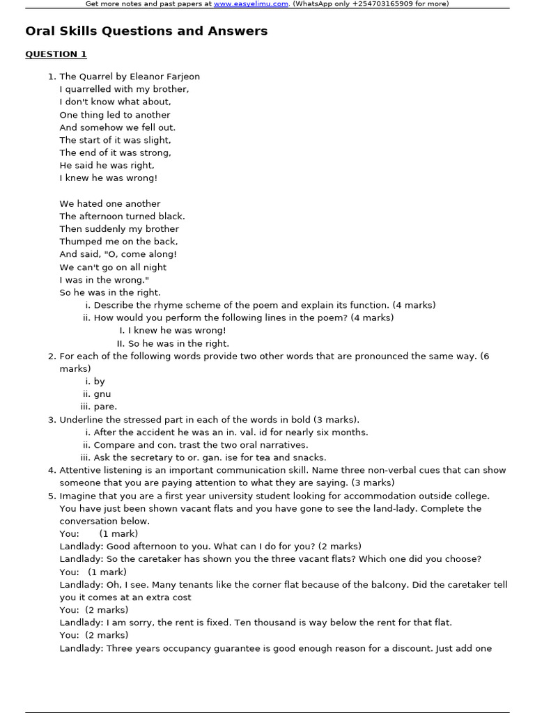 Oral Skills Questions and Answers | PDF | Landlord | Poetry