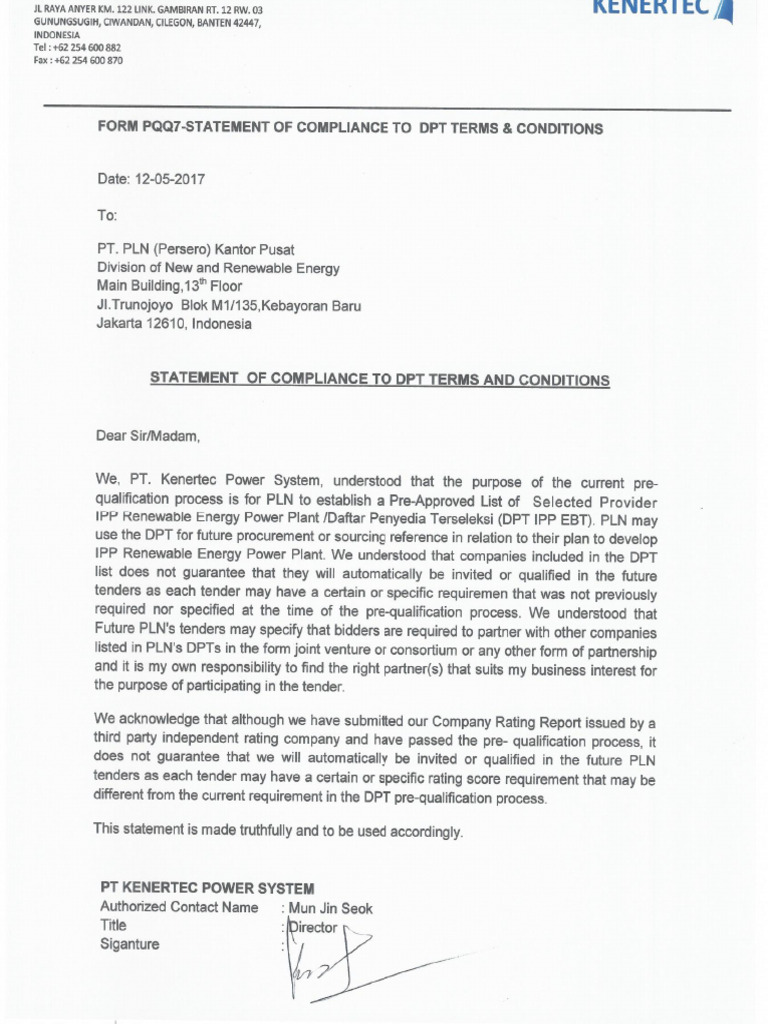 Form PQQ 7-Statement of Compliance To DPT Terms & Conditions | PDF
