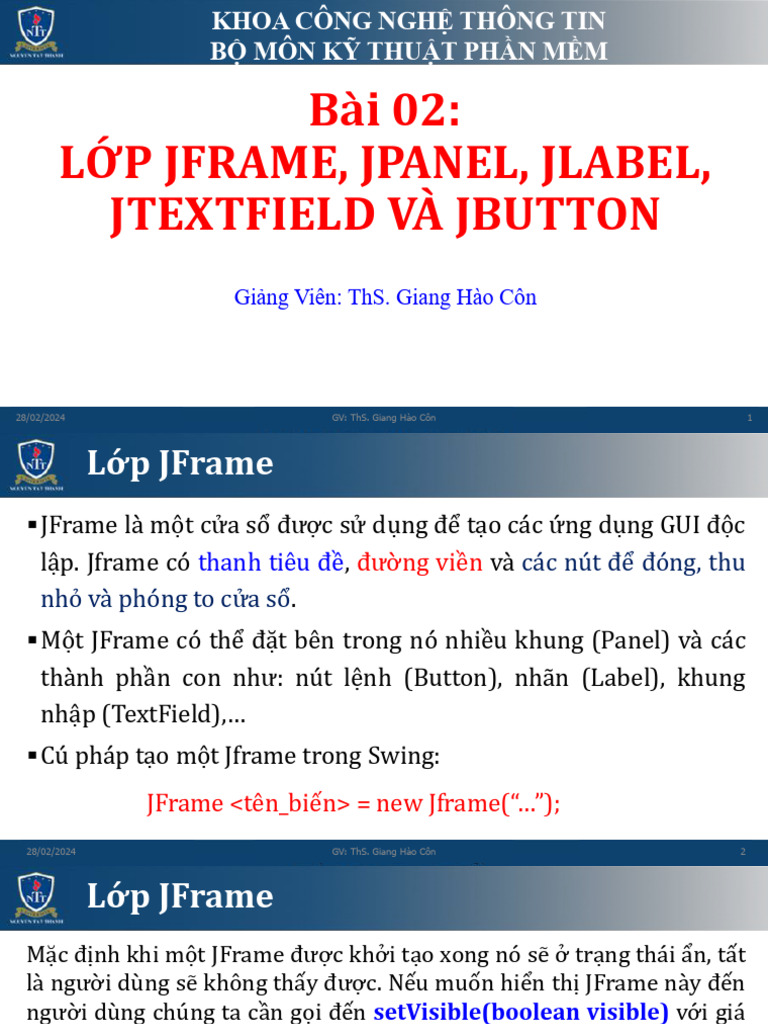 Bài 02: Lớp Jframe, Jpanel, Jlabel, Jtextfield Và Jbutton: Giảng Viên: Ths. Giang Hào Côn | PDF