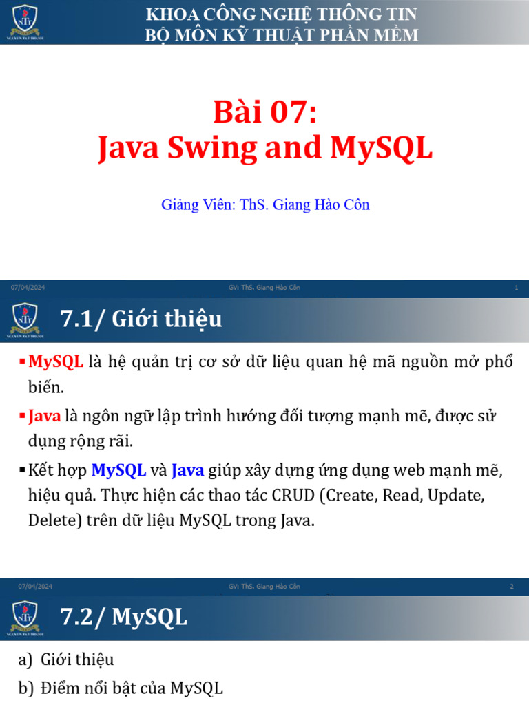 Bài 07: Java Swing And Mysql: Giảng Viên: Ths. Giang Hào Côn | PDF
