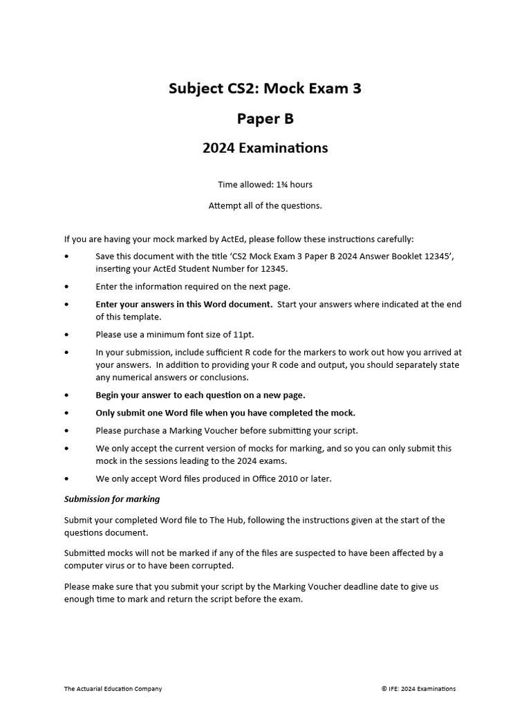 CS2 Mock Exam 3 Paper B 2024 Answer Booklet 12345 | PDF | Finance ...