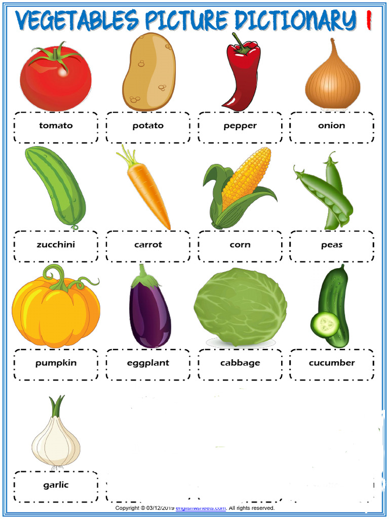 Vegetables Vocabulary Esl Picture Dictionary Worksheets For Kids | PDF