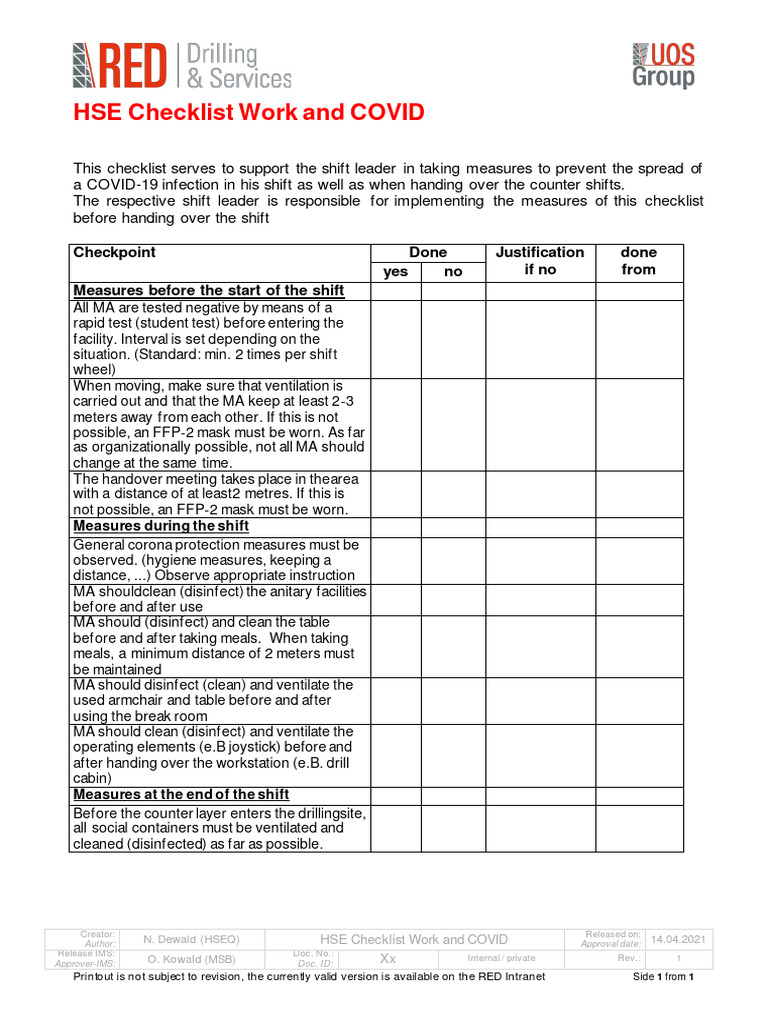HSEQ Checklsit Work and COVID 19 | PDF