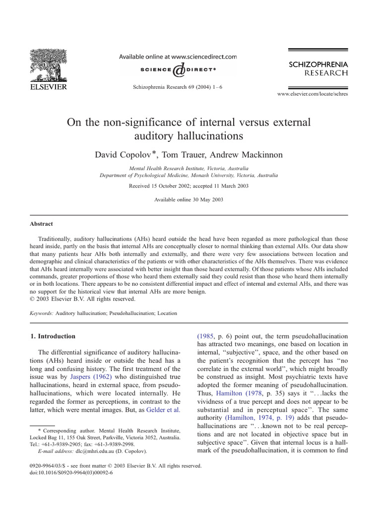 Copolov Et Al 2004-Internal Versus External Auditory Hallucinations | PDF | Mental Disorder ...