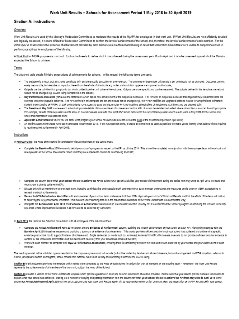DRAFT Work Unit Results For Schools Template | PDF | Wash | Performance ...