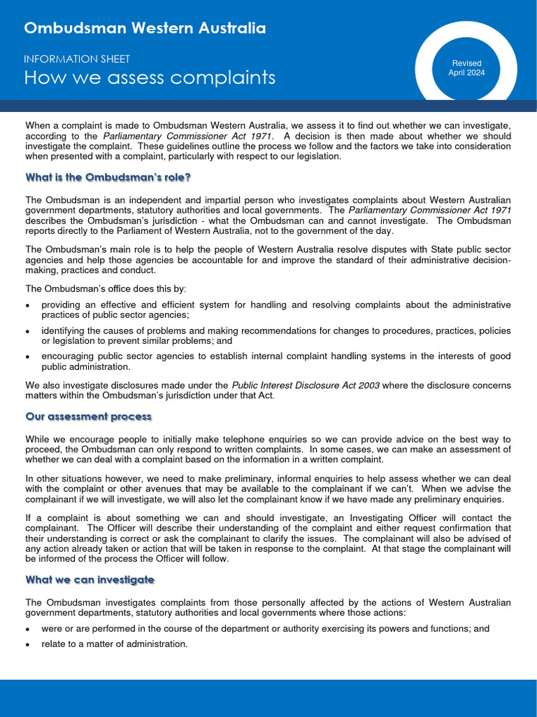 Information Sheet - How We Assess Complaints (Ombudsman) | PDF | Public ...