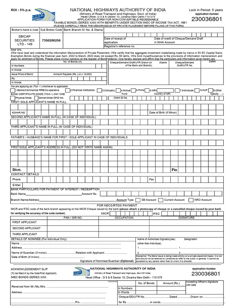 NHAI Capital Gains Bond Application Form 29-05-2024 230036801 | PDF ...