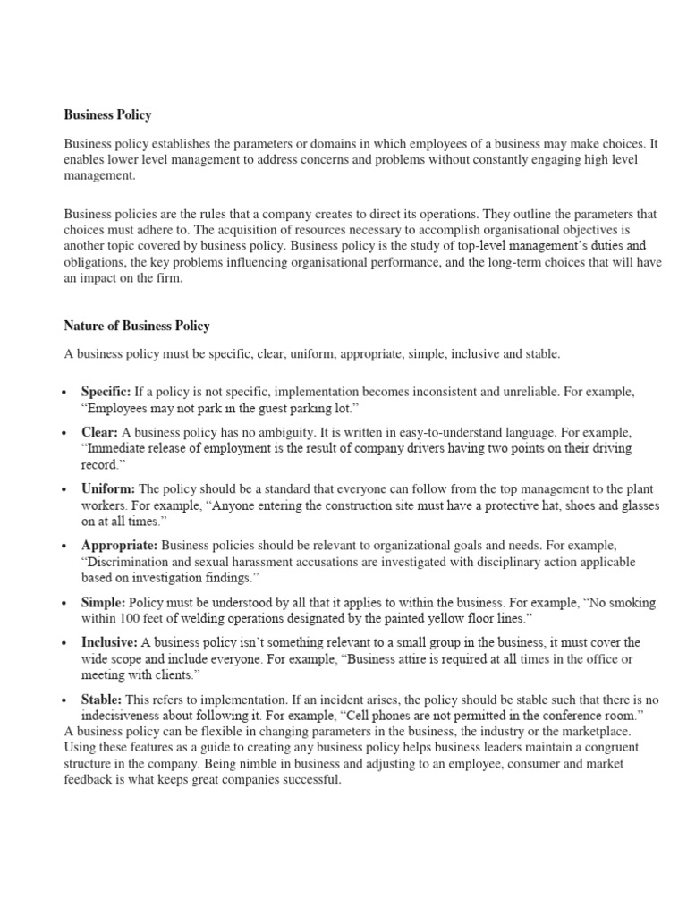 Business Policy Guidelines and Importance | PDF | Goal | Policy