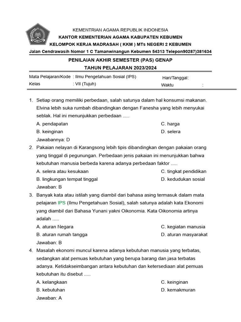 Kisi Kisi Soal Ips Kelas 7 SMTR 2 Kurikulum Merdeka | PDF