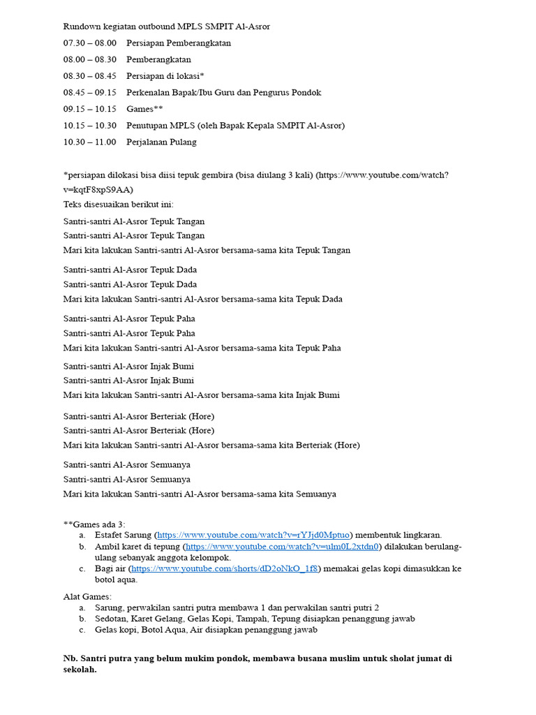 Rundown Kegiatan Outbound MPLS SMPIT Al | PDF | Olahraga & Rekreasi ...