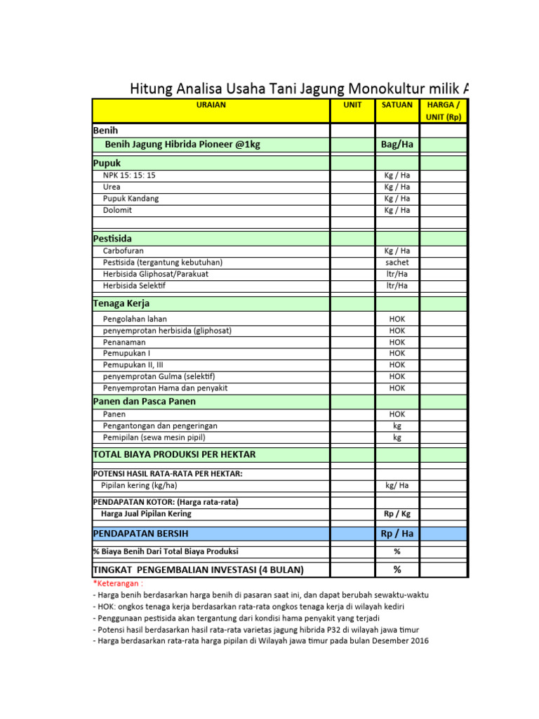 Form Analisa Usaha Tani Manual Monokultur | PDF | Teknologi & Rekayasa