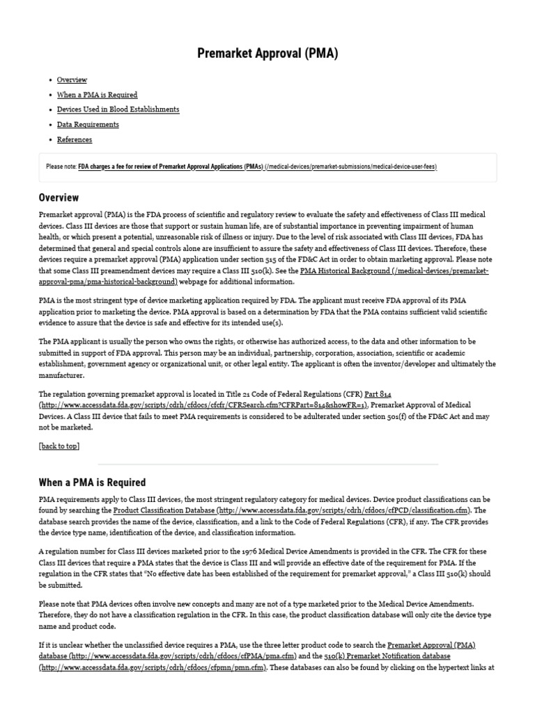 Premarket Approval (PMA) - FDA | PDF | Federal Food | Medical Device